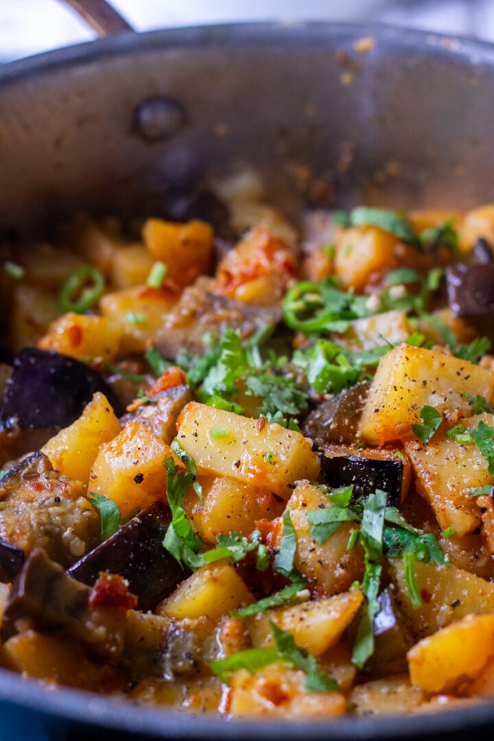 Homestyle Aloo Baingan Recipe (Potato & Eggplant) - Flour & Spice